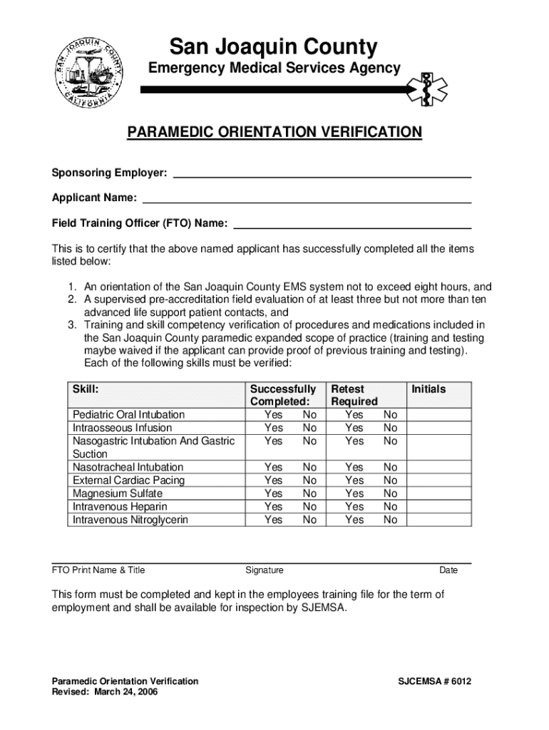 Fillable Online 6012 - Paramedic Orientation Form.doc Fax Email Print ...