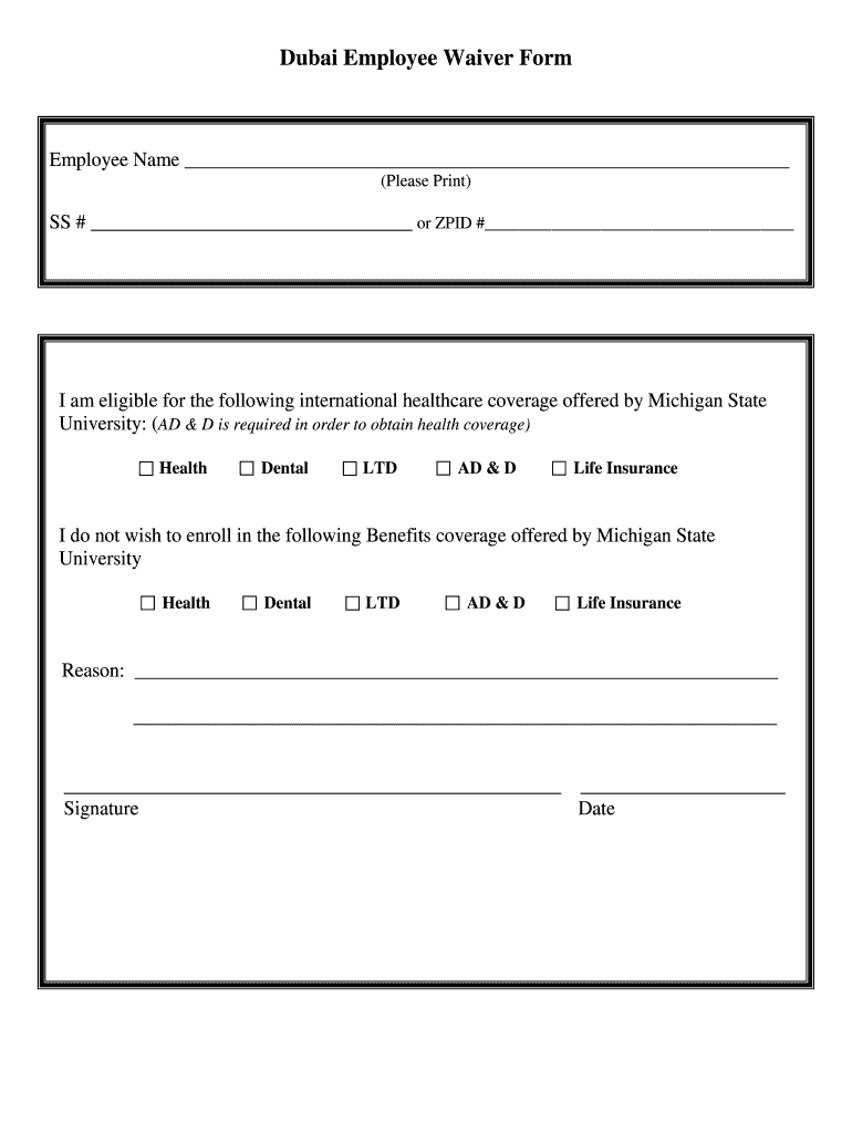 Fillable Online hr msu Dubai Employee Waiver Form - MSU Human Resources Fax Email Print - pdfFiller