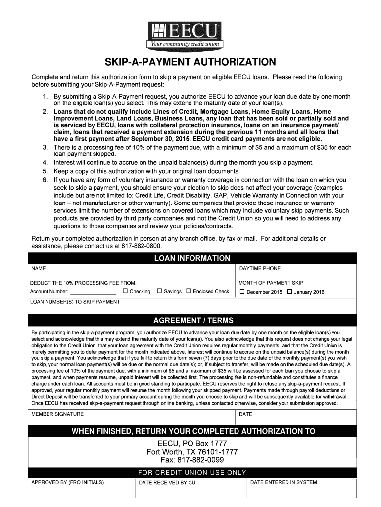 Fillable Online eecu SKIP A PAY AUTH FORM 8 08doc - eecu Fax Email Print - pdfFiller