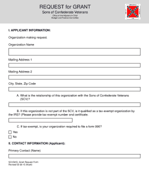 Fillable Online scv REQUEST for GRANT - Sons of Confederate Veterans ...