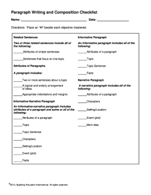 Fillable Online spalding Paragraph Writing and Composition Checklist ...