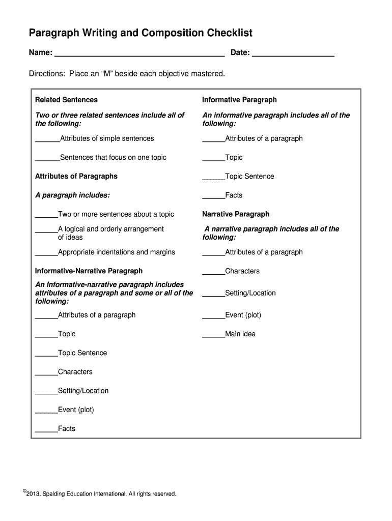 Fillable Online spalding Paragraph Writing and Composition Checklist ...