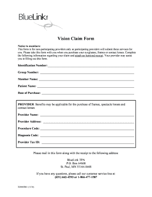 Fillable Online X20318 vision claim form - bluelinktpamncom Fax Email ...