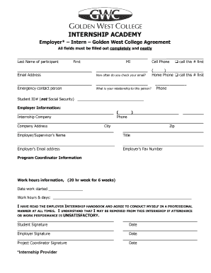 Fillable Online goldenwestcollege Empl.Intern.GWC.Agreem.Mar Fax Email Print - pdfFiller