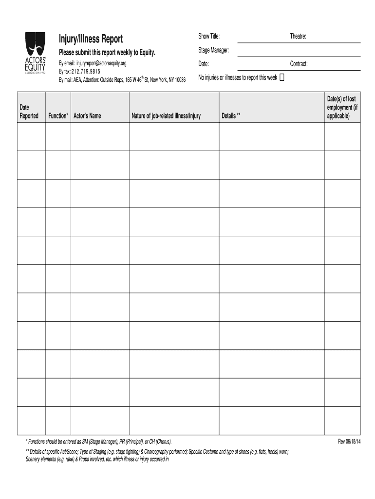Fillable Online actorsequity AEA InjuryIllness Report - Actors Equity Fax Email Print - pdfFiller