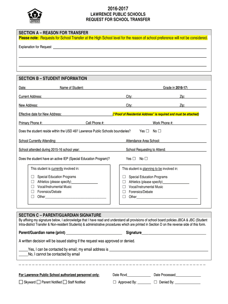 Fillable Online usd497 2016-17 Request for School Transfer Form Fax ...