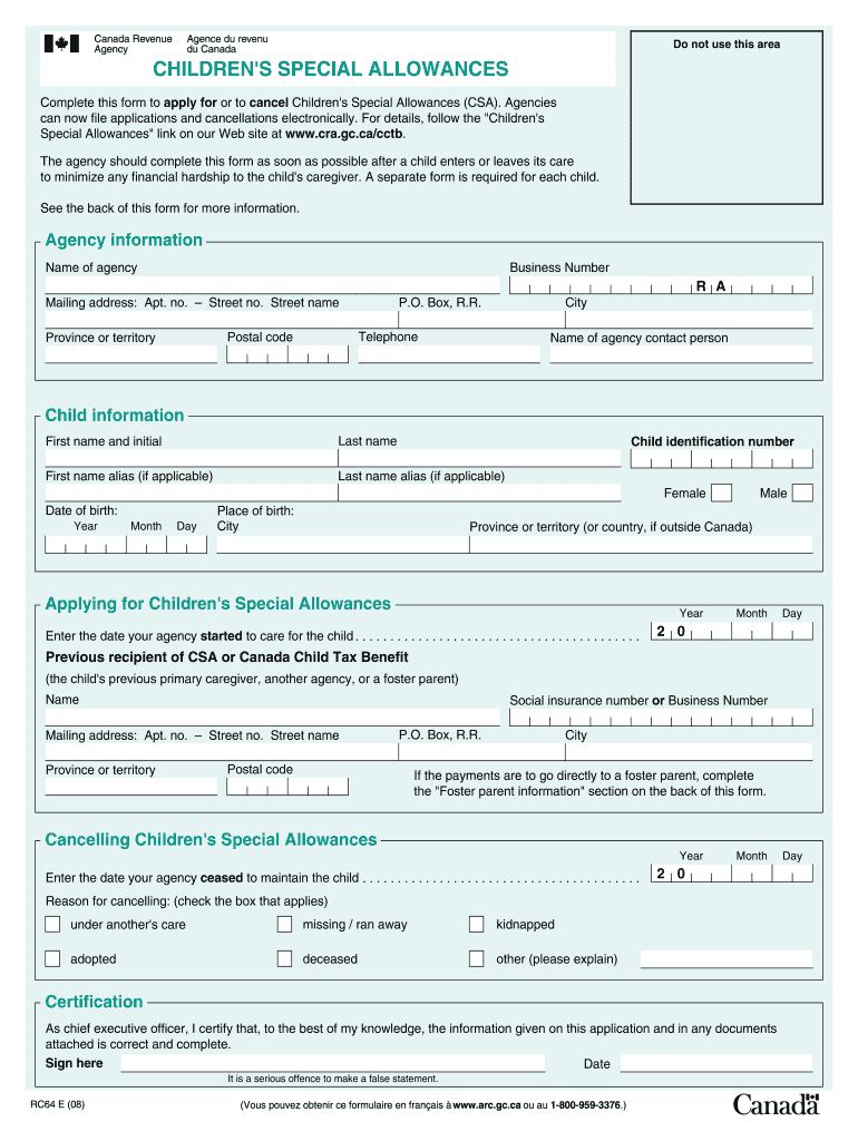 Fillable Online Do not use this area CHILDRENS SPECIAL ALLOWANCES Fax ...