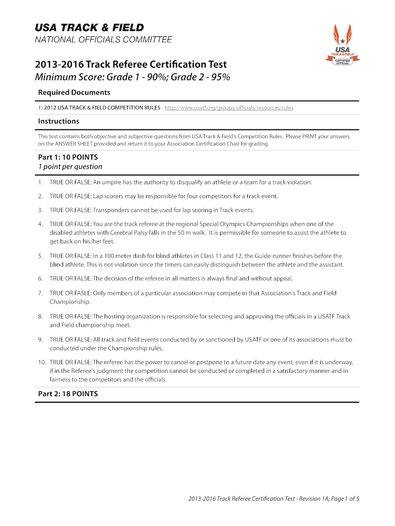 Fillable Online usatf 2013-2016 Track Referee Certi cation Test Minimum ...