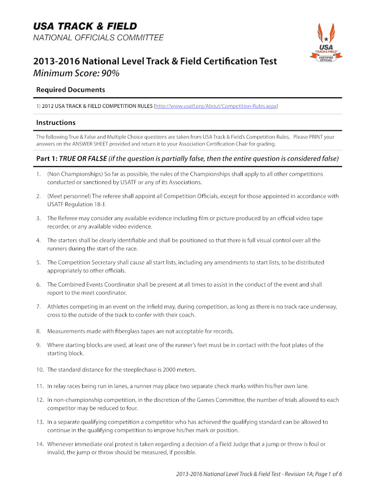 Fillable Online usatf 2013-2016 National Level Track Field Certi cation ...