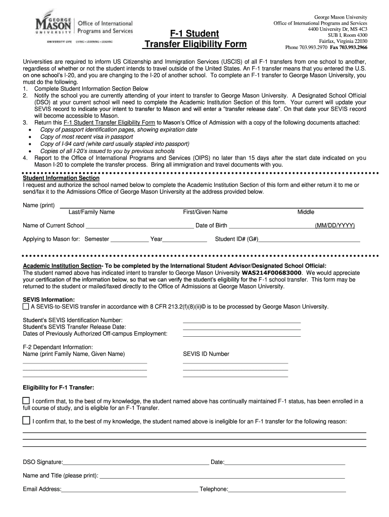 Fillable Online oips gmu F-1 Student Transfer Eligibility Form ...