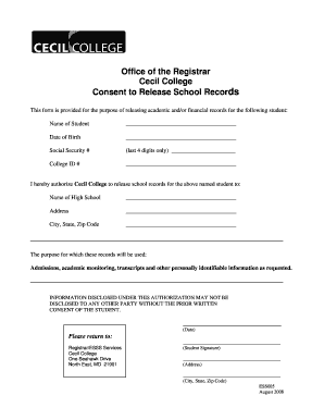 Fillable Online sites ccps Consent to Release School Records - Cecil ...