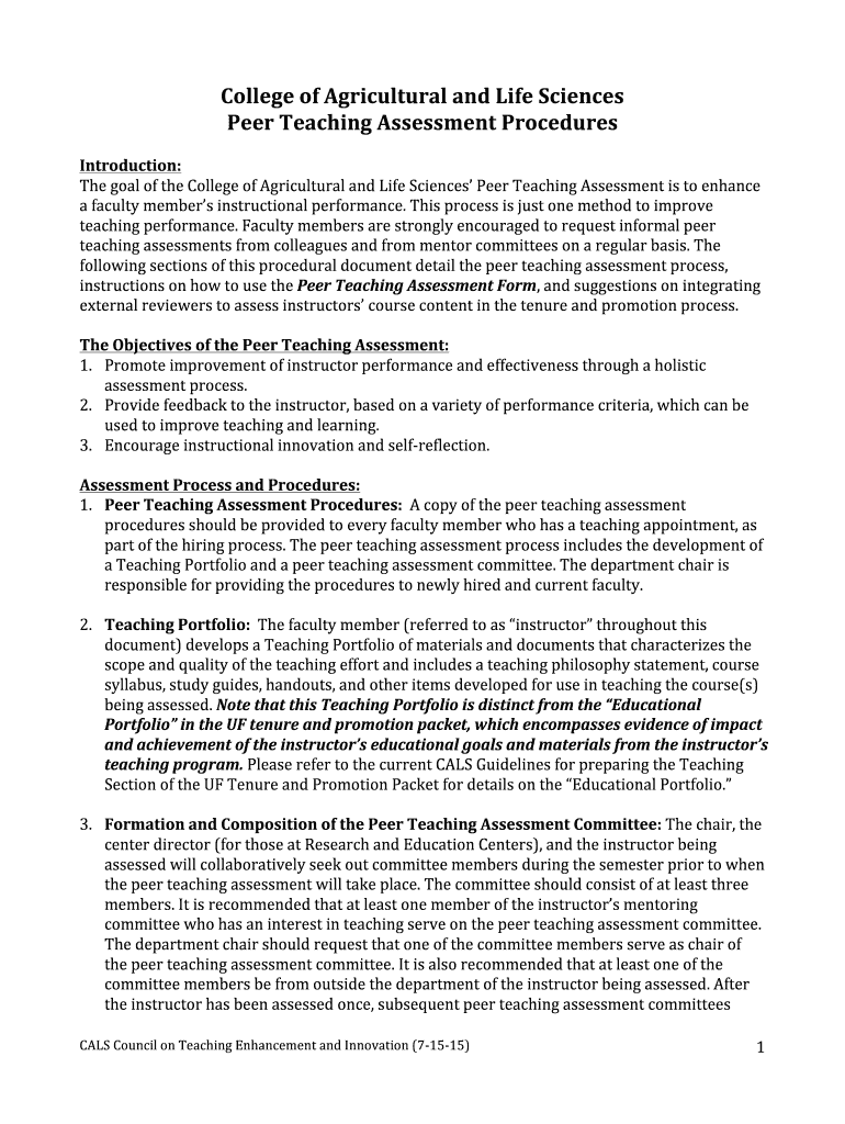 Fillable Online cals ufl Peer Teaching Assessment 7-15-15 - University ...