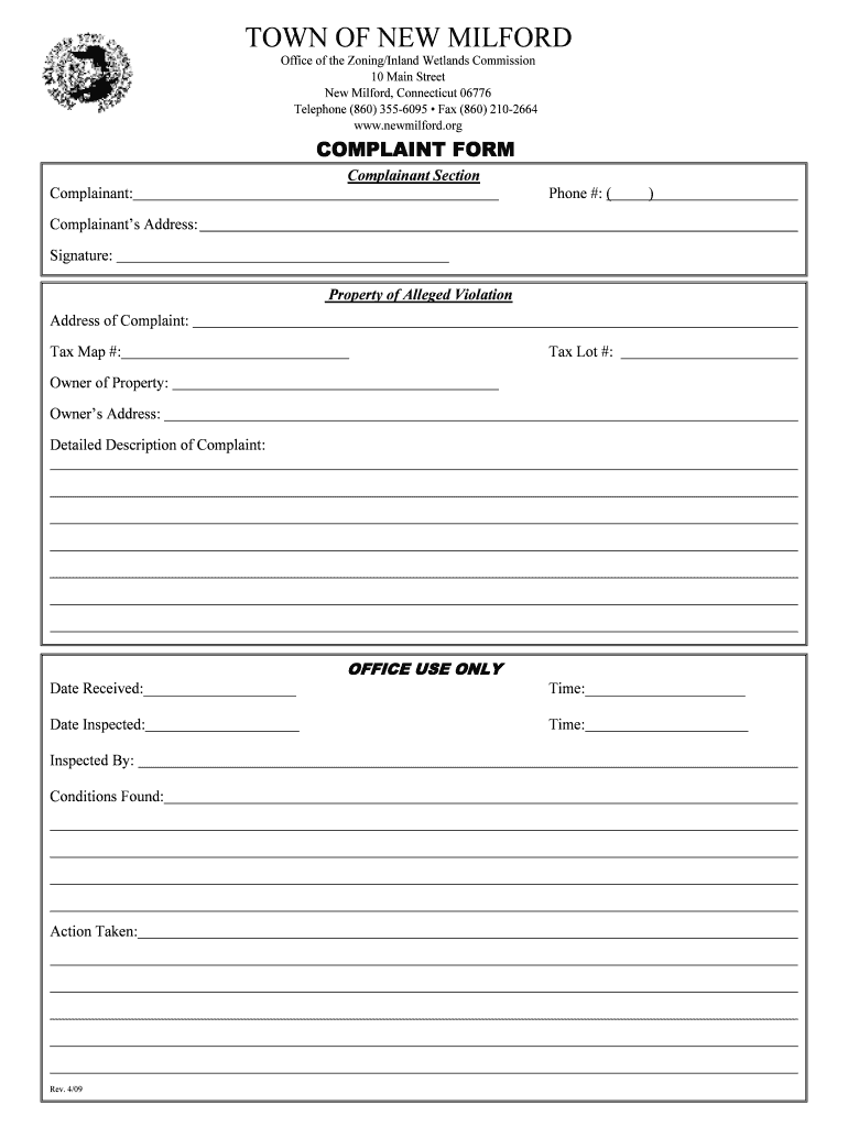 Fillable Online newmilford Zoning Complaint form 4-09doc Fax Email Print - pdfFiller