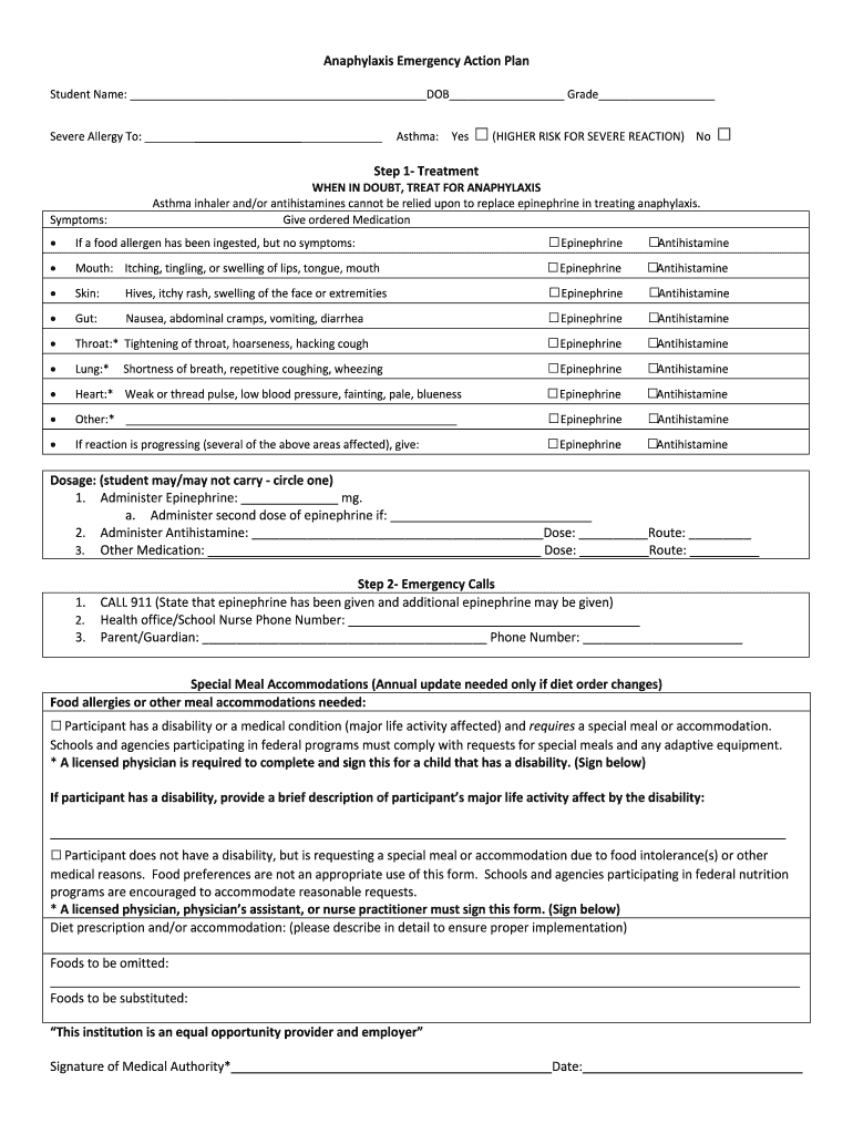 Fillable Online Anaphylaxis Emergency Action Plan - Bud Rank Elementary ...