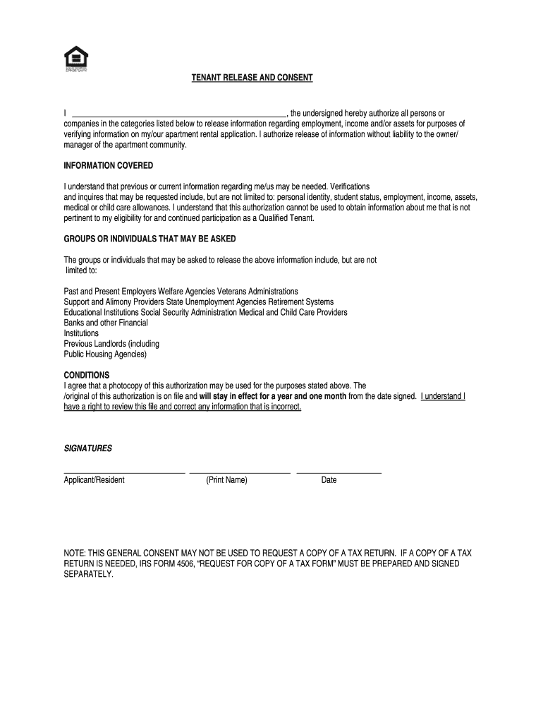 Fillable Online TENANT RELEASE AND CONSENT INFORMATION COVERED GROUPS ...