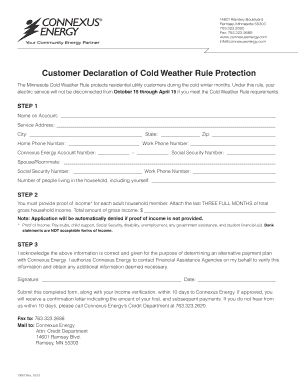 Fillable Online Customer Declaration of Cold Weather Rule Protection ...