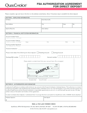 Fillable Online FSA AUTHORIZATION AGREEMENT FOR DIRECT DEPOSIT Fax ...