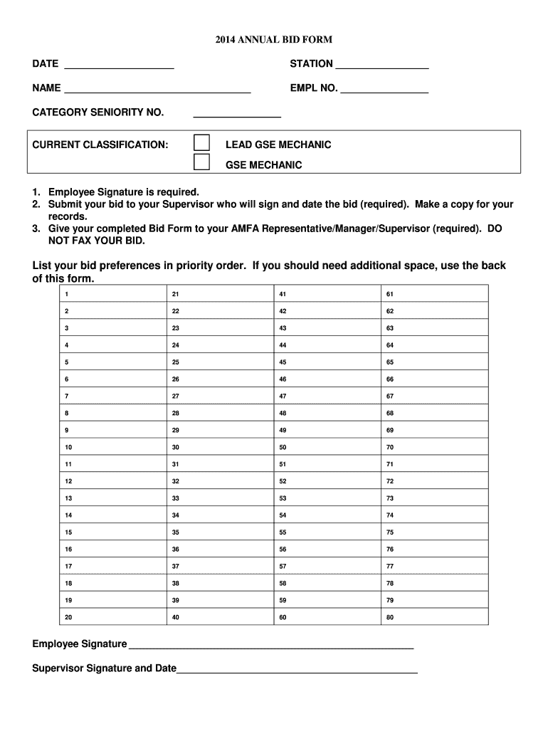 Fillable Online List your bid preferences in priority order If you ...