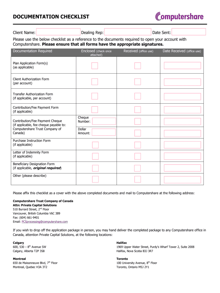 Fillable Online DOCUMENTATION CHECKLIST - Computershare Fax Email Print ...