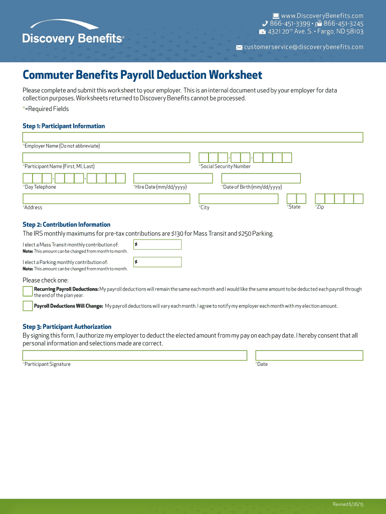 Fillable Online Commuter Benefits Payroll Deduction Worksheet Fax Email ...