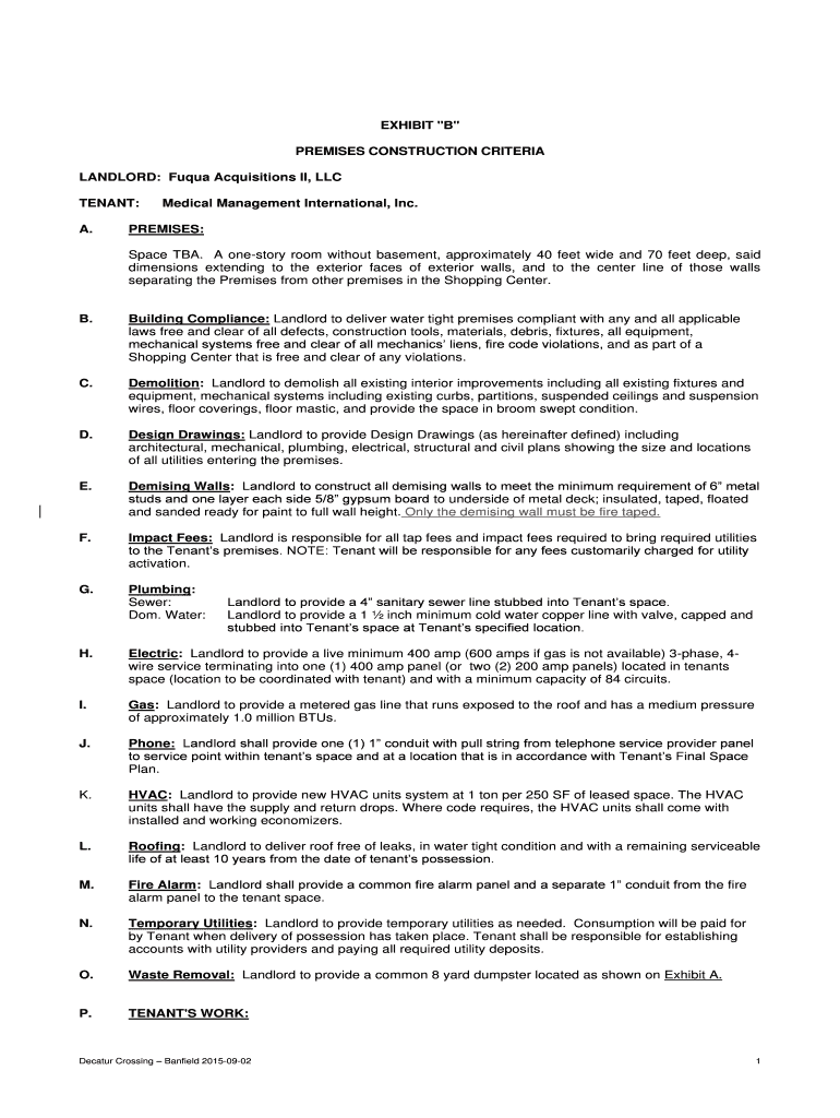 Fillable Online EXHIBIT B PREMISES CONSTRUCTION CRITERIA LANDLORD Fuqua ...