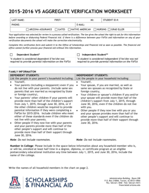 Fillable Online financialaid arizona 2015-2016 V5 AGGREGATE VERIFICATION - financialaid arizona ...