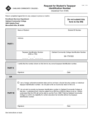 Fillable Online oaklandcc Request for Students Taxpayer Identification Number FS 40 11/15 ...