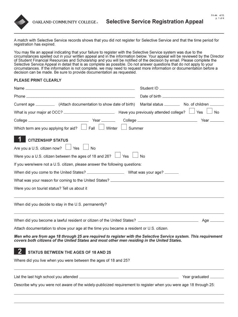 Fillable Online oaklandcc Selective Service Registration Appeal Fax ...