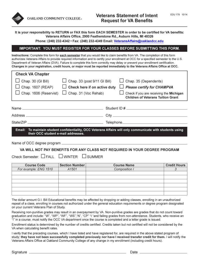 Fillable Online oaklandcc Veterans Statement of Intent - Request for VA Benefits Fax Email Print ...