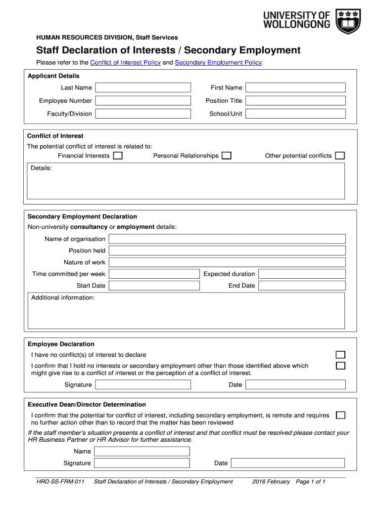 Fillable Online uow edu Staff Declaration of Interests Secondary ...