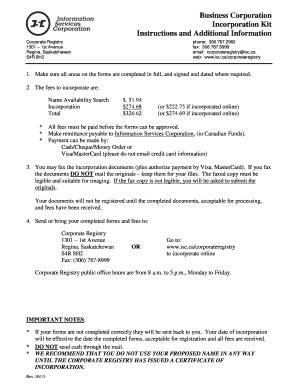 Fillable Online isc Business Corporation Incorporation Kit Instructions ...