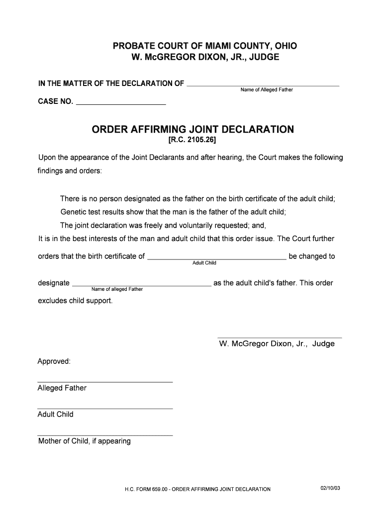 Fillable Online co miami oh ORDER AFFIRMING JOINT DECLARATION - Miami ...