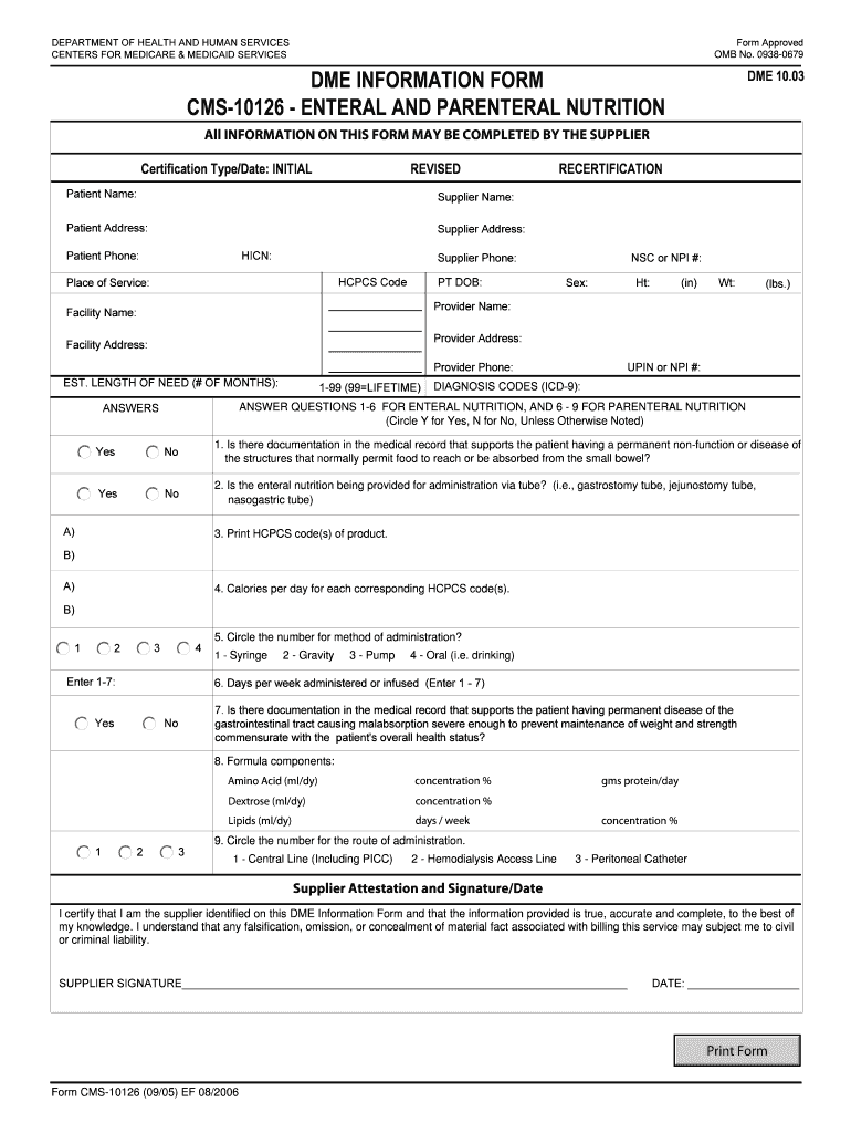Fillable Online CMS 10126. DIF - CMS 10126 - Enteral and Parenteral ...
