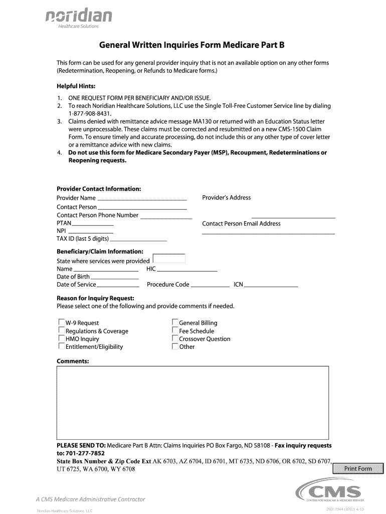 Fillable Online General Written Inquiries Form Medicare Part B ...