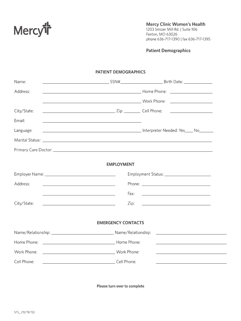 Fillable Online Patient Demographics - Mercy Fax Email Print - pdfFiller