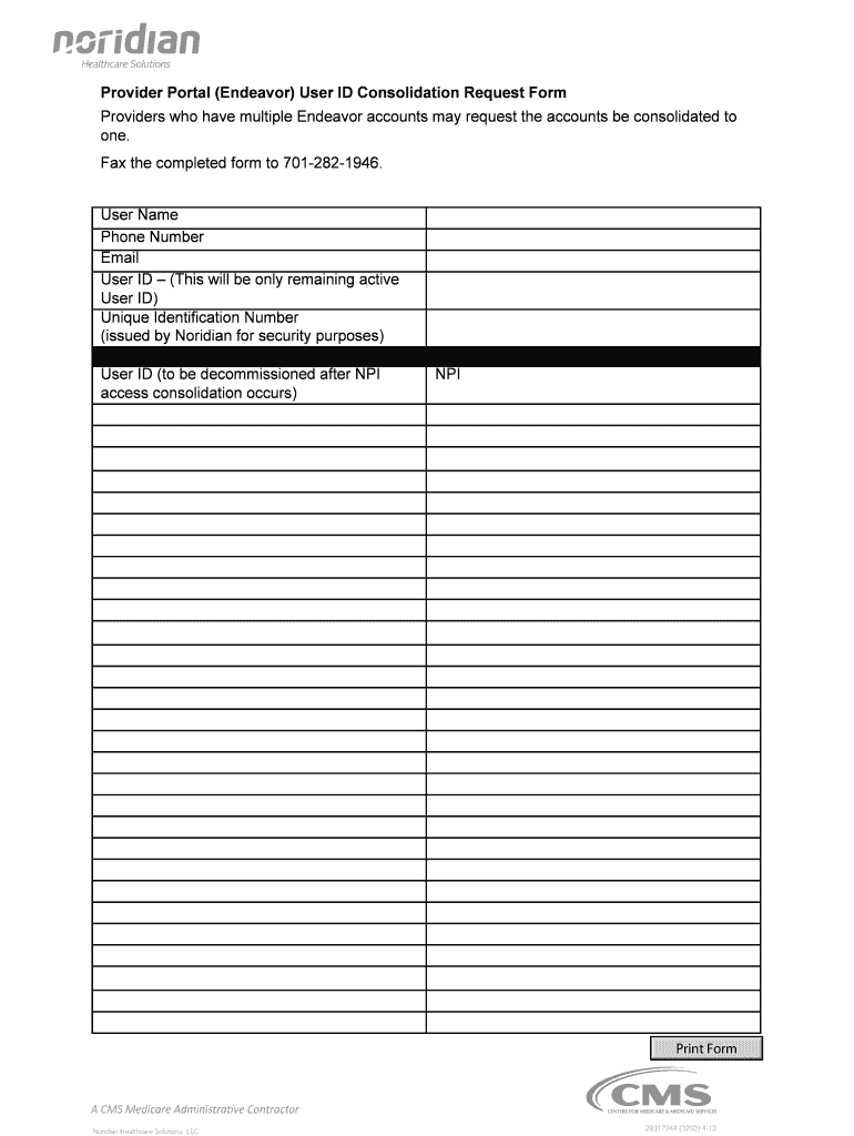 Fillable Online Provider Portal Endeavor User ID Consolidation Request Form Fax Email Print ...