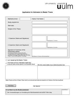 Fillable Online uni-ulm Application for Admission to Master Thesis - Universitt Ulm Fax Email ...