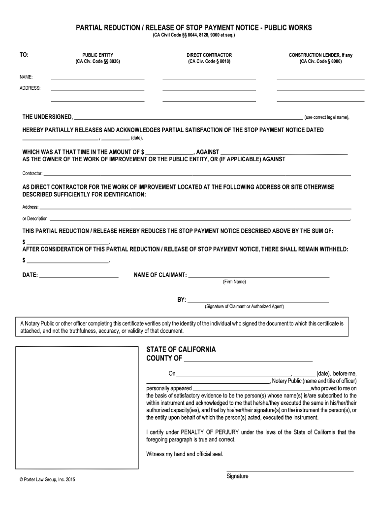 Fillable Online 04Stop Payment Notice Partial Release Fax Email Print ...