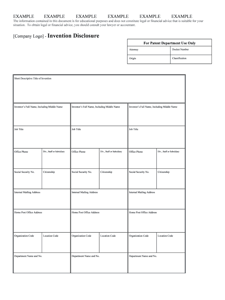 Fillable Online entrepreneurship Example Invention Disclosure Form ...