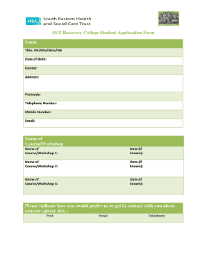 Fillable Online SET Recovery College Student Application Form Name Fax ...