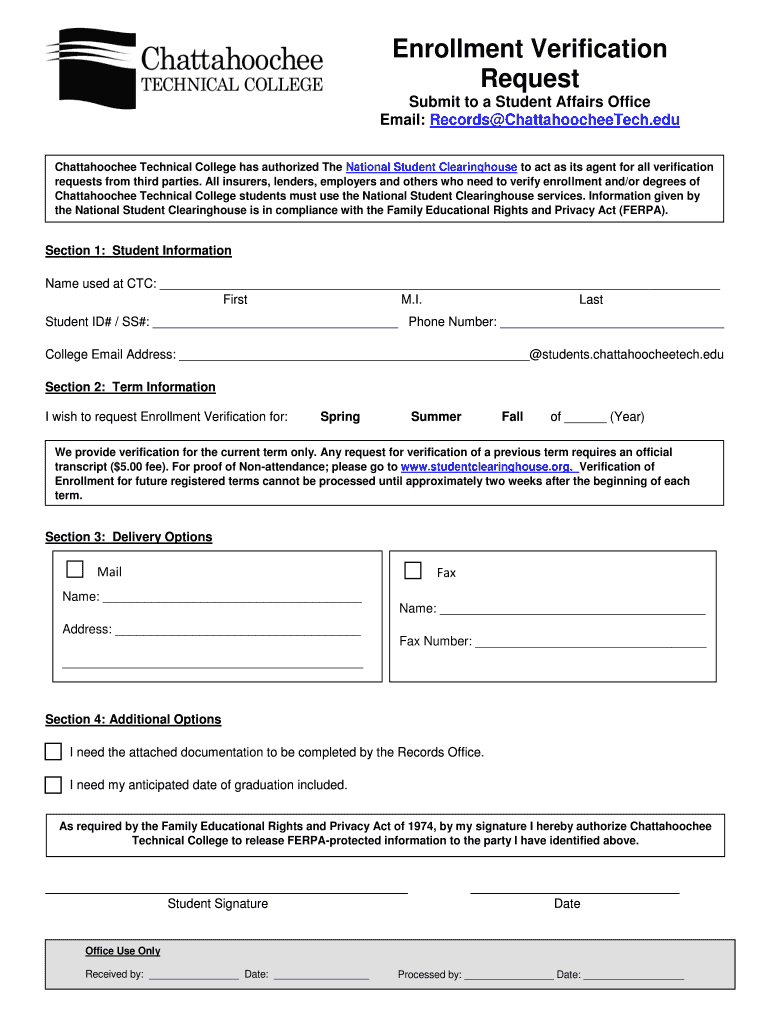 Fillable Online chattahoocheetech Enrollment Verification Request - A ...