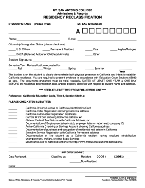Mt Sac Residency Reclassification - Fill Online, Printable, Fillable, Blank | pdfFiller