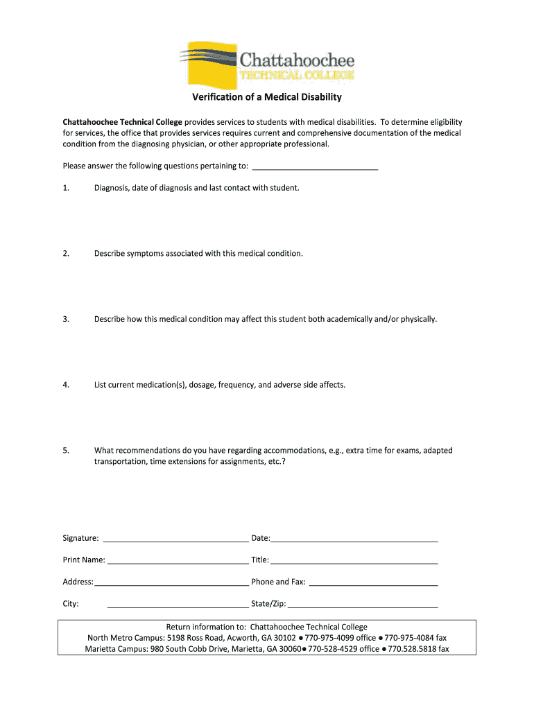Fillable Online chattahoocheetech Verification of a Medical Disability ...