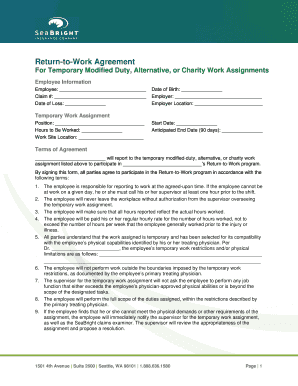 Fillable Online Return-to-Work Agreement Modified Duty Allternative or ...