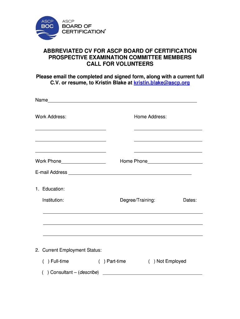 Fillable Online ascp ABBREVIATED CV FOR ASCP BOARD OF CERTIFICATION PROSPECTIVE - ascp Fax Email ...