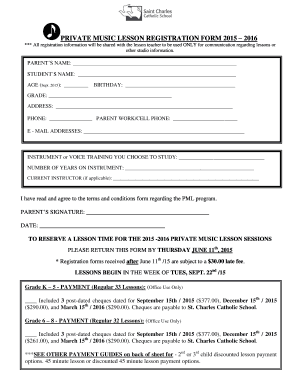Fillable Online PRIVATE MUSIC LESSON REGISTRATION FORM 2015 2016 Fax ...