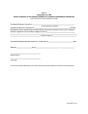 Fillable Online Form 11 Condominium Act 1998 NOTICE OF RENEWAL OF THE ...