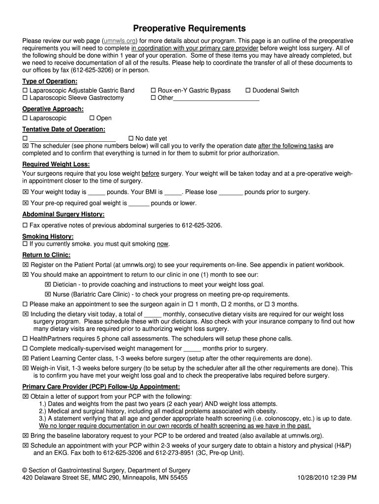 Fillable Online tc umn Preoperative Requirements - tc umn Fax Email ...