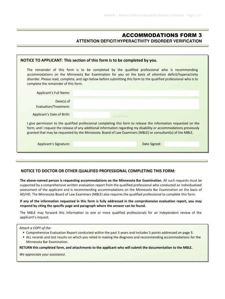 Fillable Online Form 3 Attention Deficit/Hyperactivity Disorder ...