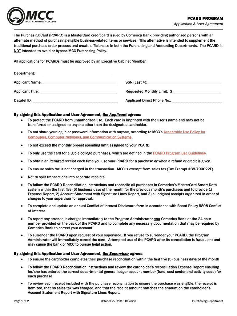 Fillable Online mcc PCARD PROGRAM Application User Agreement Fax Email ...